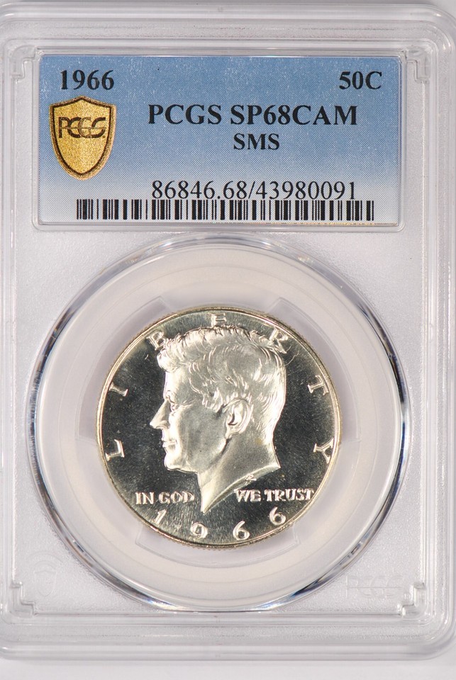 1966 SMS Kennedy Half Dollar PCGS SP68CAM MS 68 CAMEO Frosty Coin TOP ...