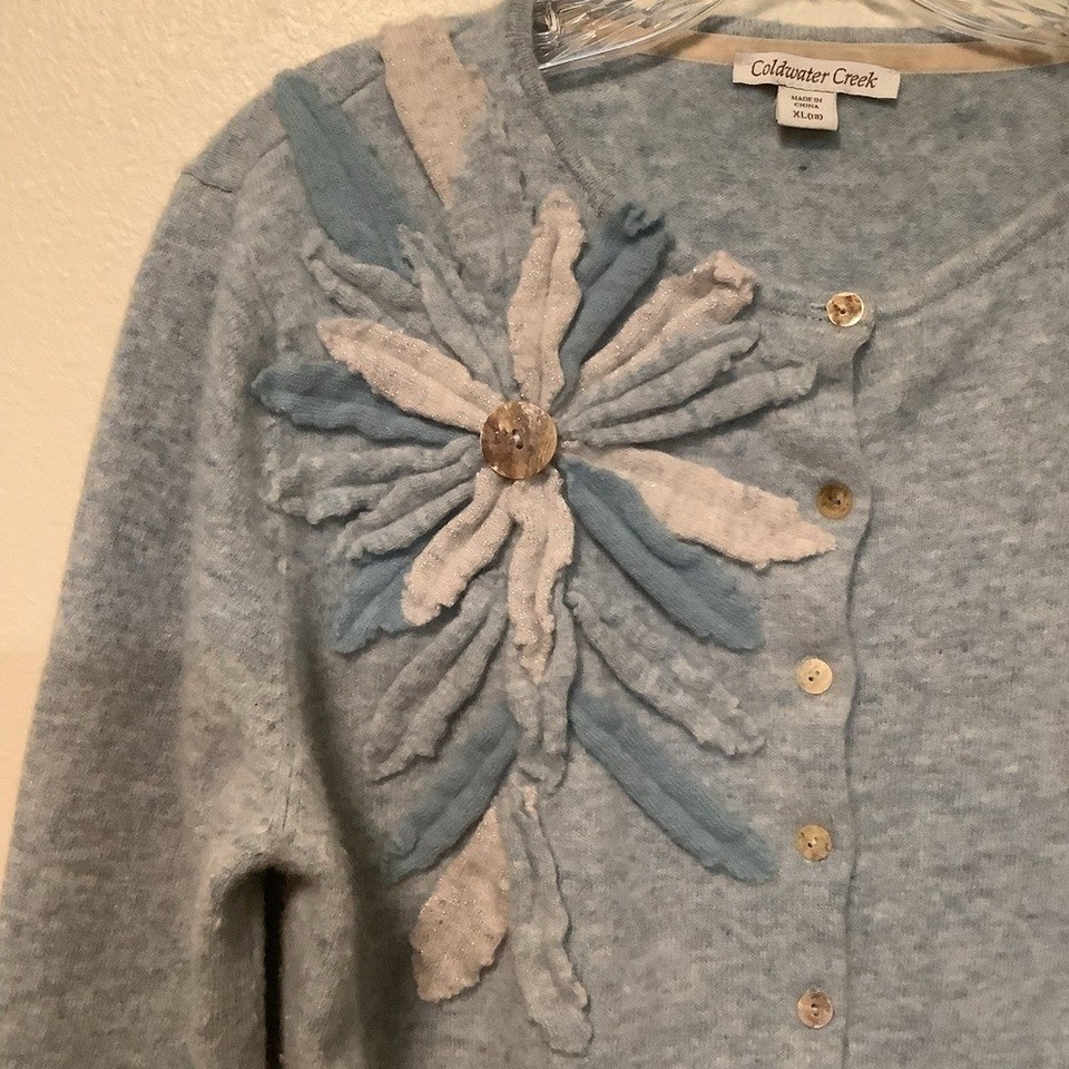 Coldwater creek Women's XL (18) blue shell button front wool rabbit ...