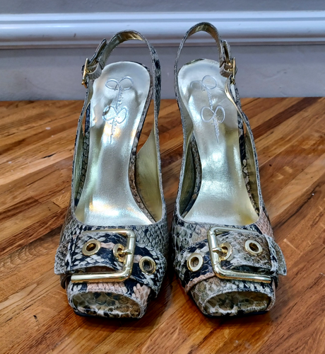 JESSICA SIMPSON Women's Size 7.5 B Leather Snake Skin Print Peep Toe ...