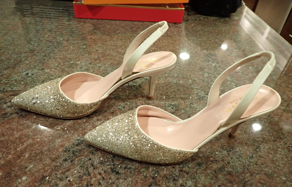 KATE SPADE SLINGBACK SHOES SIZE 7 M JEANETTE SILVER GREY/ IVORY SATIN ...
