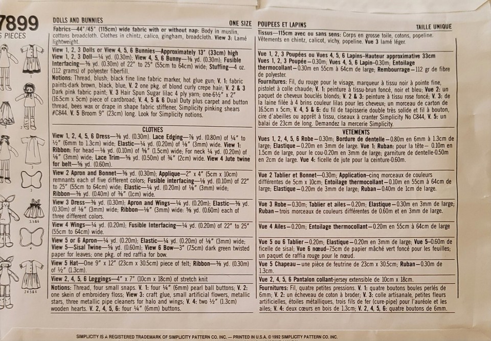 SIMPLICITY CRAFTS #7899 13" TALL EASTER BUNNY DOLL ANGEL & CLOTHING ...