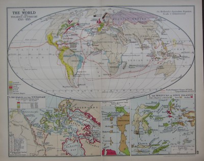 1911 MAP ~ WORLD AT THE TREATIESOF UTRECHT 1713-1715 ~ MOLUCCAS SPICE ...