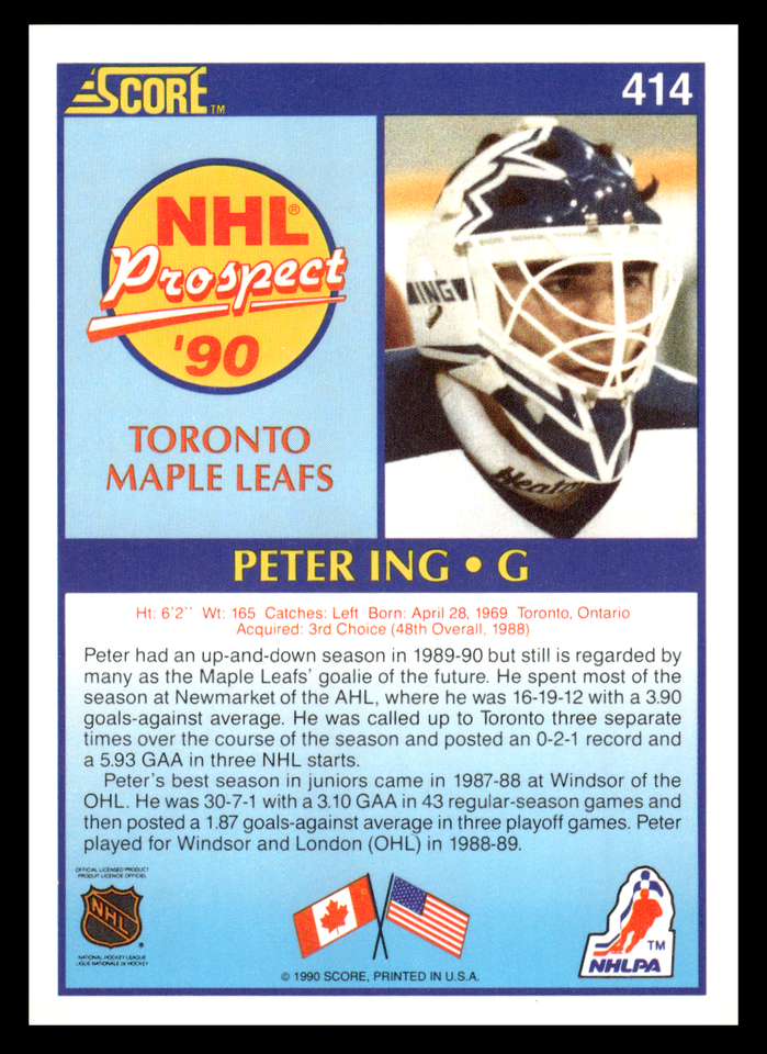 1990-91 Score Canadian Peter Ing #414 Toronto Maple Leafs NHL Hockey ...