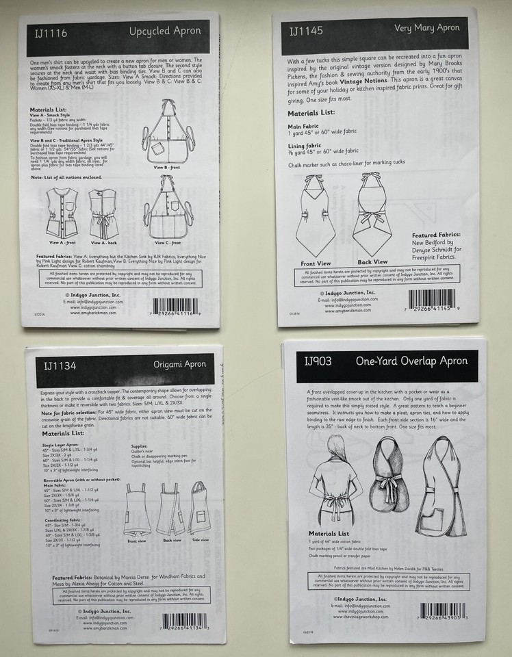 Indygo Junction Apron Patterns lot of 4 Upcycled Apron, Origami Apron ...