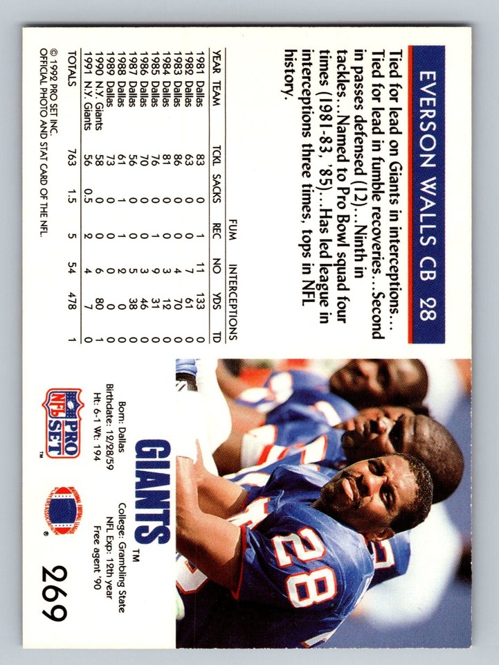1992 Pro Set #269 Everson Walls New York Giants | eBay