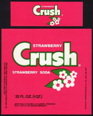 Vintage soda pop bottle label CRUSH STRAWBERRY 32oz size Superior Gary ...