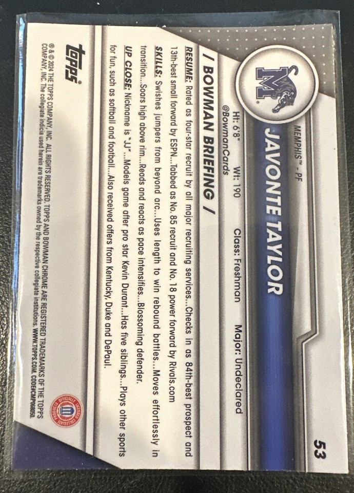 2023-24 Bowman Chrome U #53 Javonte Taylor Pink Refractor Memphis ...