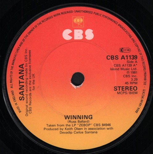 Santana Winning 7" Vinyle UK CBS 1981 - Dans Une Pochette Générique ...