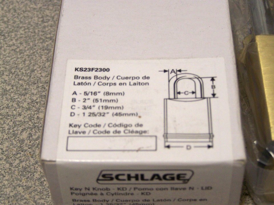 Schlage Commercial KS43F2300 Brass Padlock 2" Shackle "C" Keyway ...