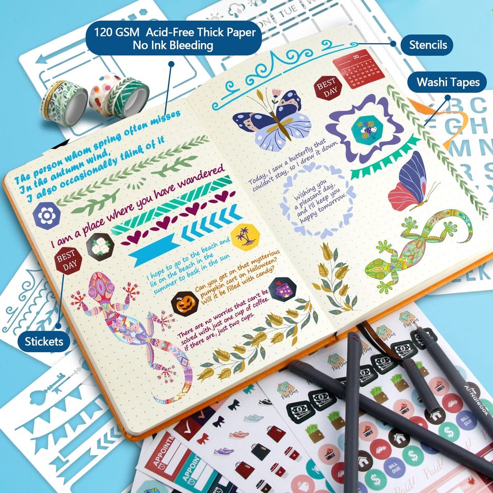 Bullet Dotted Journal Kit Hardcover Planner Notebook 120GSM A5 Bullet ...