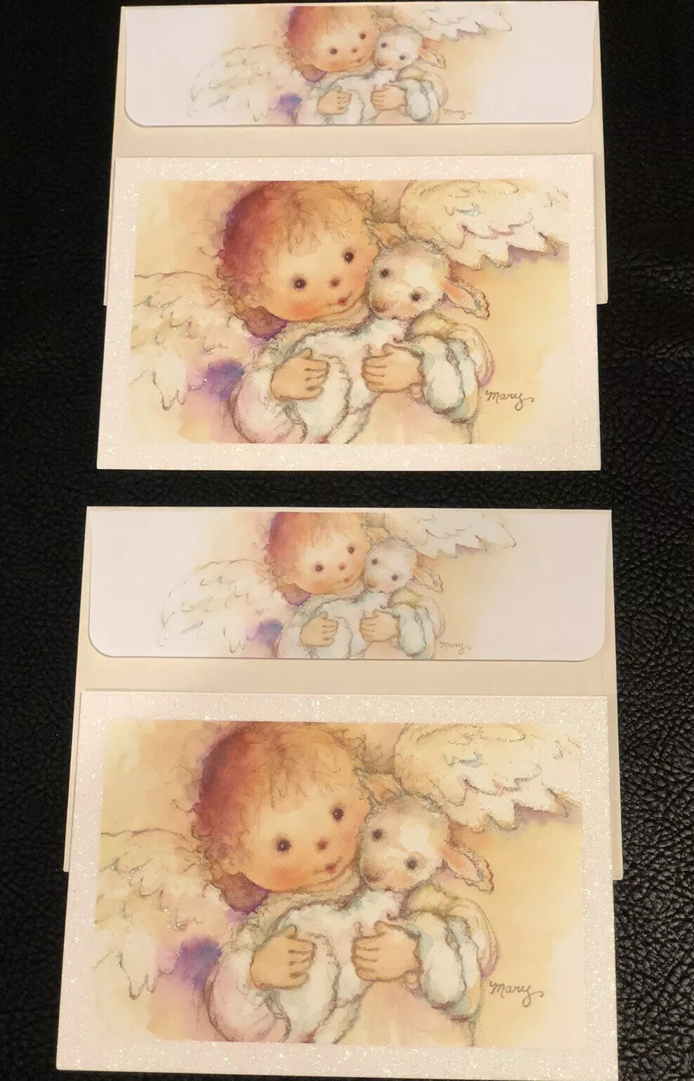 2 Vintage Mary Hamilton Christmas Cards Glitter Angel Lamb Decorative ...