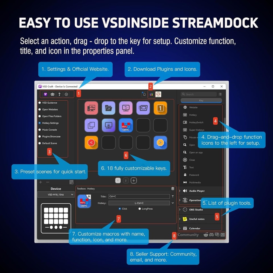 VSDINSIDE Macro Keypad, Stream Controller Deck Gaming Streaming ...