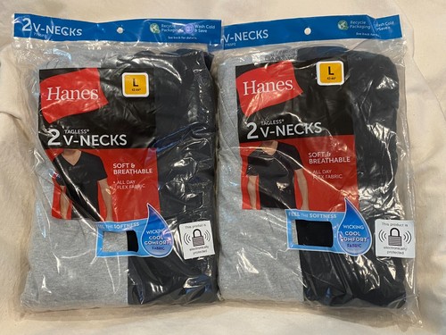 2- 2 Packs Hanes Men's L/G 42-44" V-Neck Tshirts Soft Breathable- Black ...