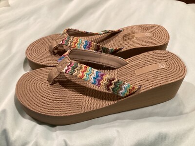 Women Summer Mid Platform 2” Multi Color Fabric Straps Flip Flops Size ...