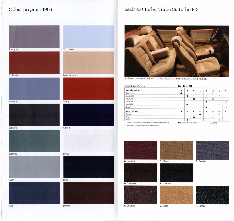Saab 900 Colour & Trim 1985-86 UK Market Foldout Brochure 16S 16 Turbo ...
