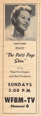 1957 WFBM TV AD THE PATTI PAGE SHOW PAGE FIVE SINGERS & JACK RAEL ...
