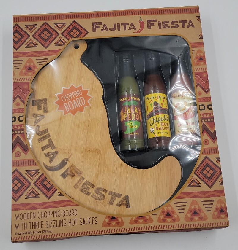Fajita Fiesta Wooden Chopping Board with Three Sizzling Hot Sauce gift ...