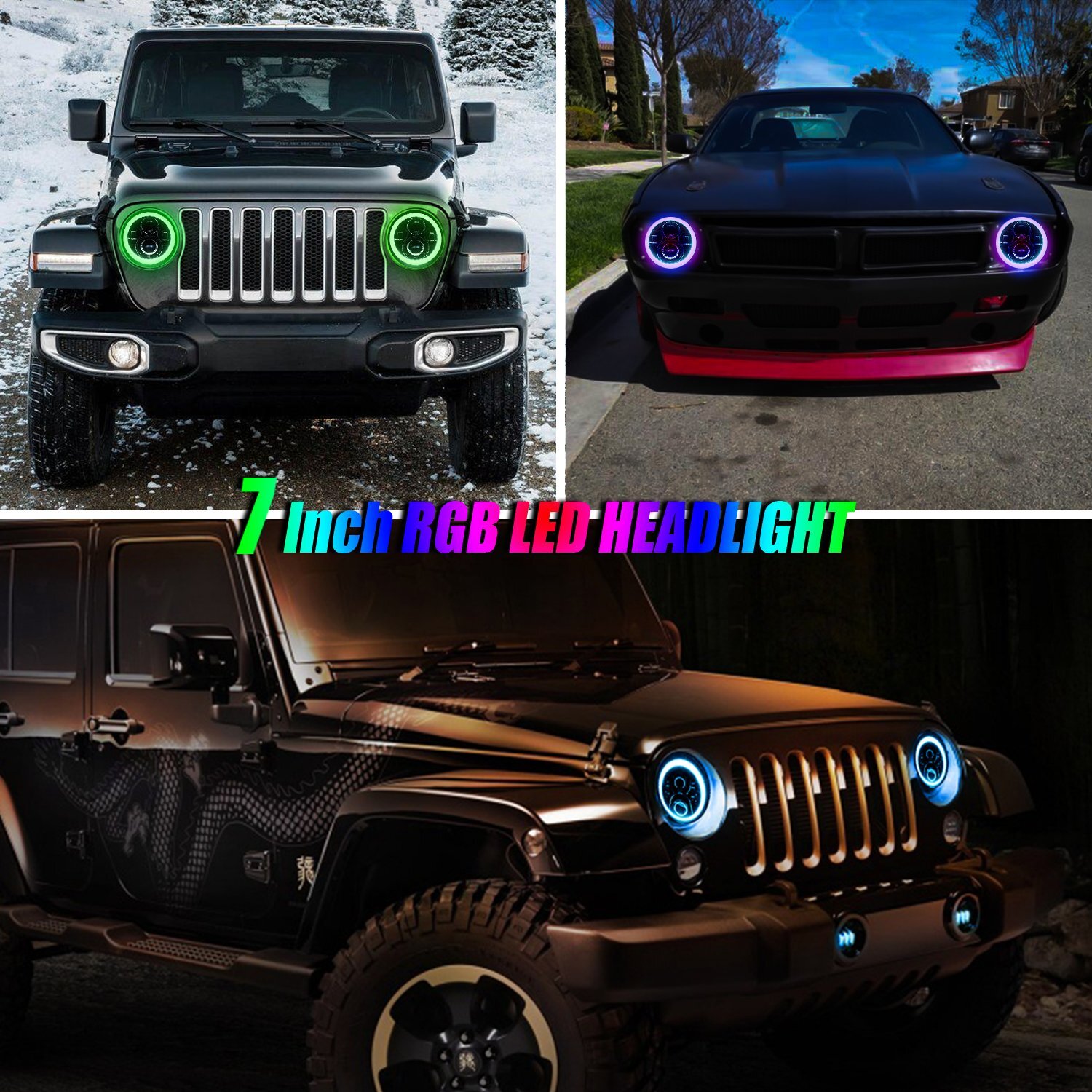 7''Inch RGB Halo LED Headlights DRL Lights Combo Kit For Jeep Wrangler ...