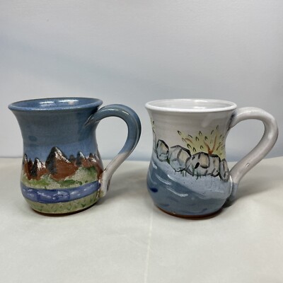 2 Mud Works Pottery Mugs “Water” and “Land “ Coffee Mugs | eBay
