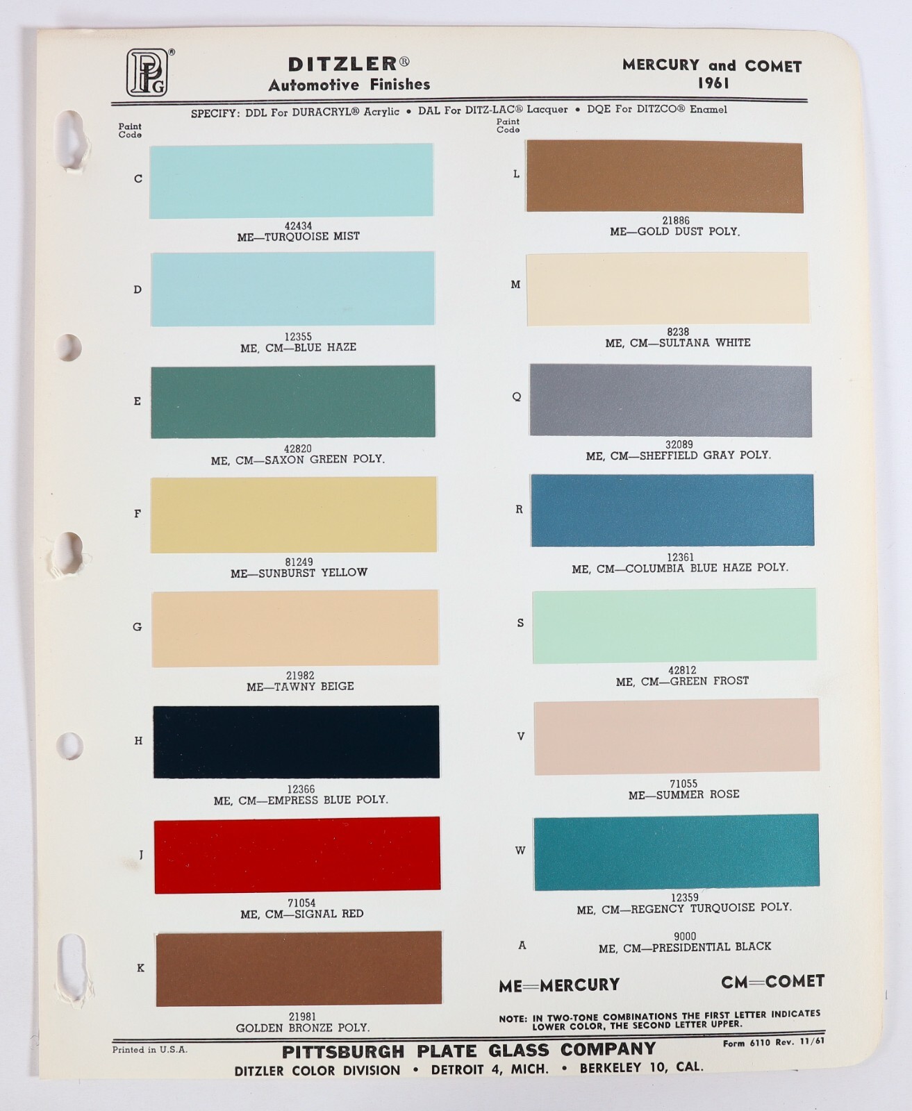 1961 Mercury & Comet Color Paint Chip Sheet Ditzler PPG Automotive ...