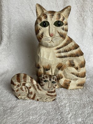 James Haddon Signed Hand Carved Sitting Tabby Cat/Kitten Folk art. Set ...