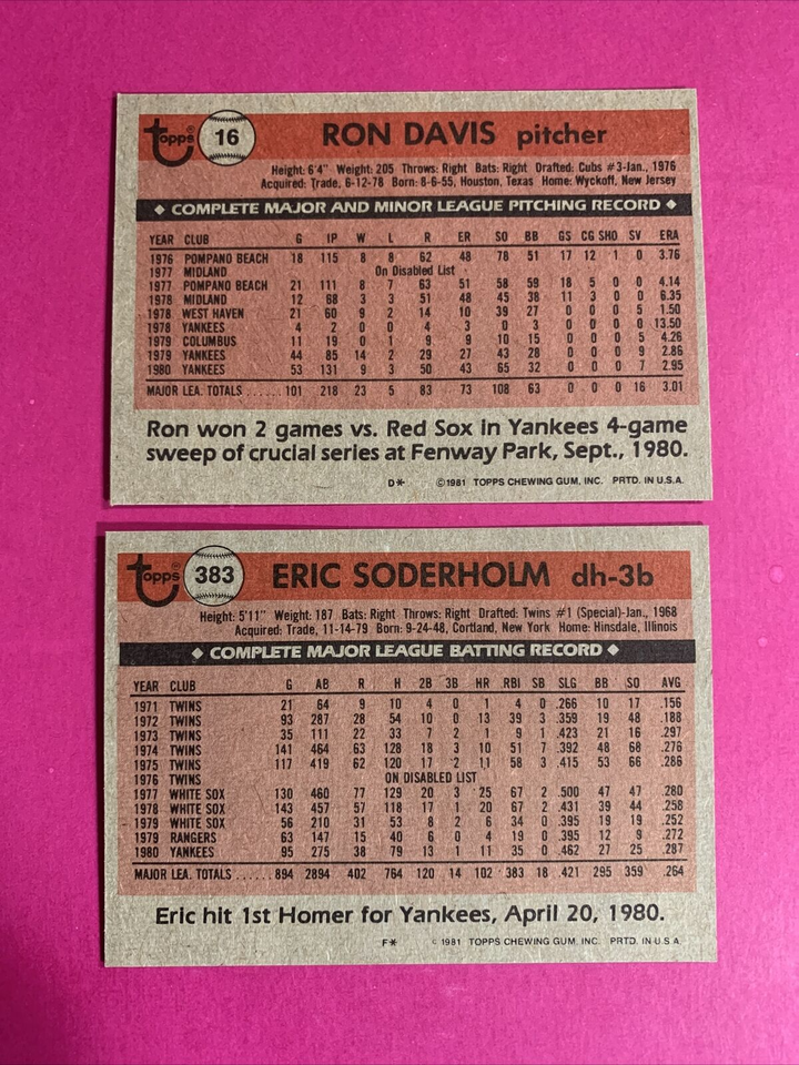 🐶 1981 TOPPS Ron Davis #16 & Eric Soderholm #383 NY Yankees | eBay