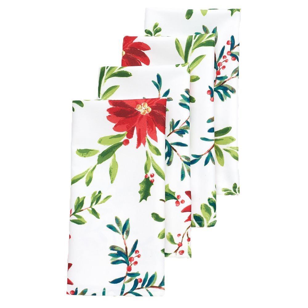 Holiday Holly & Pine Poinsettia Stain-Resistant Microfiber Napkins, Set ...