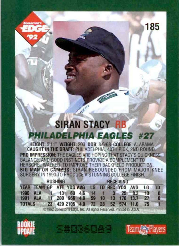 1992 Collectors Edge Siran Stacy RC Philadelphia Eagles #185 | eBay