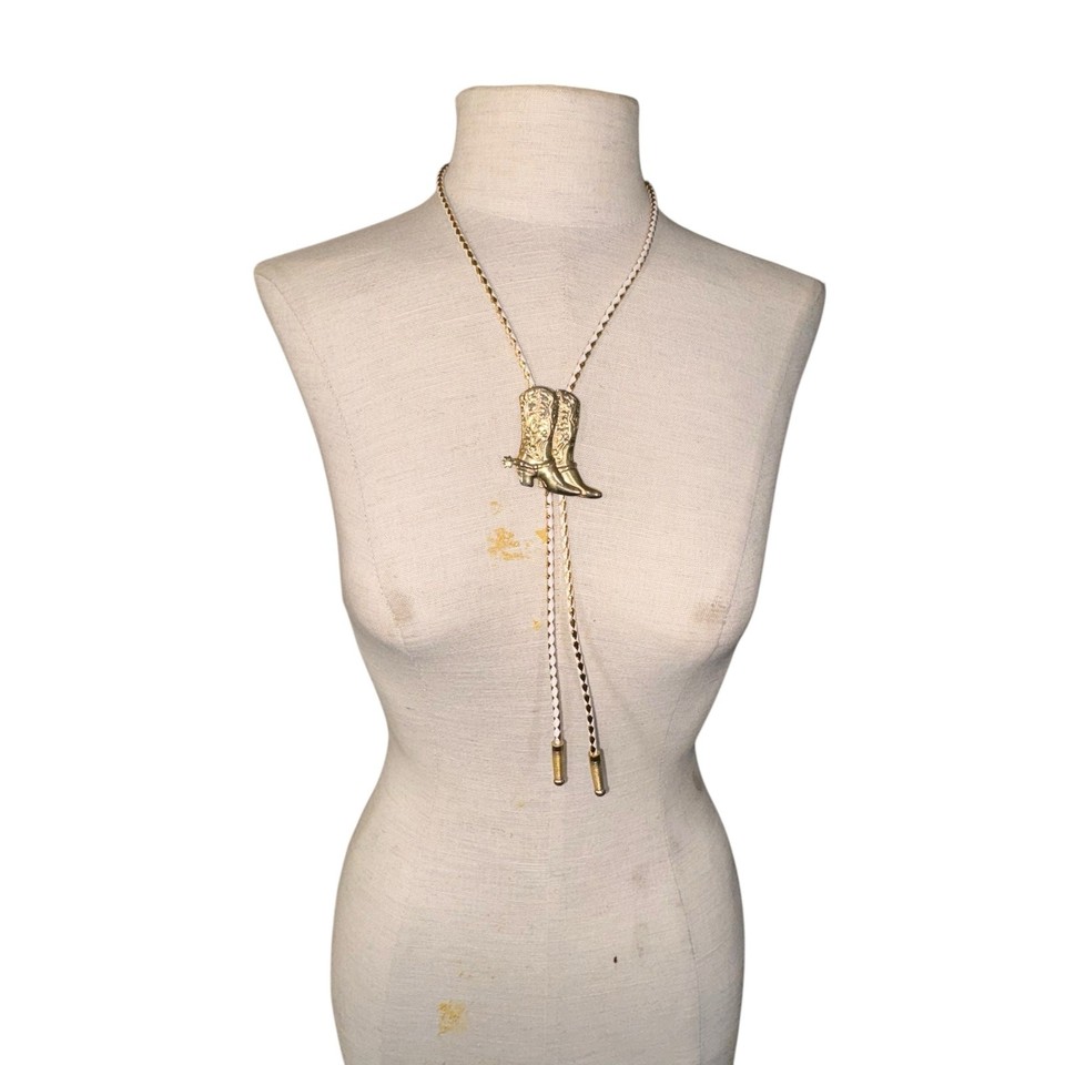 Tucker Brown Gold Cowboy Boots Bolo Tie Western Country Braided Leather ...