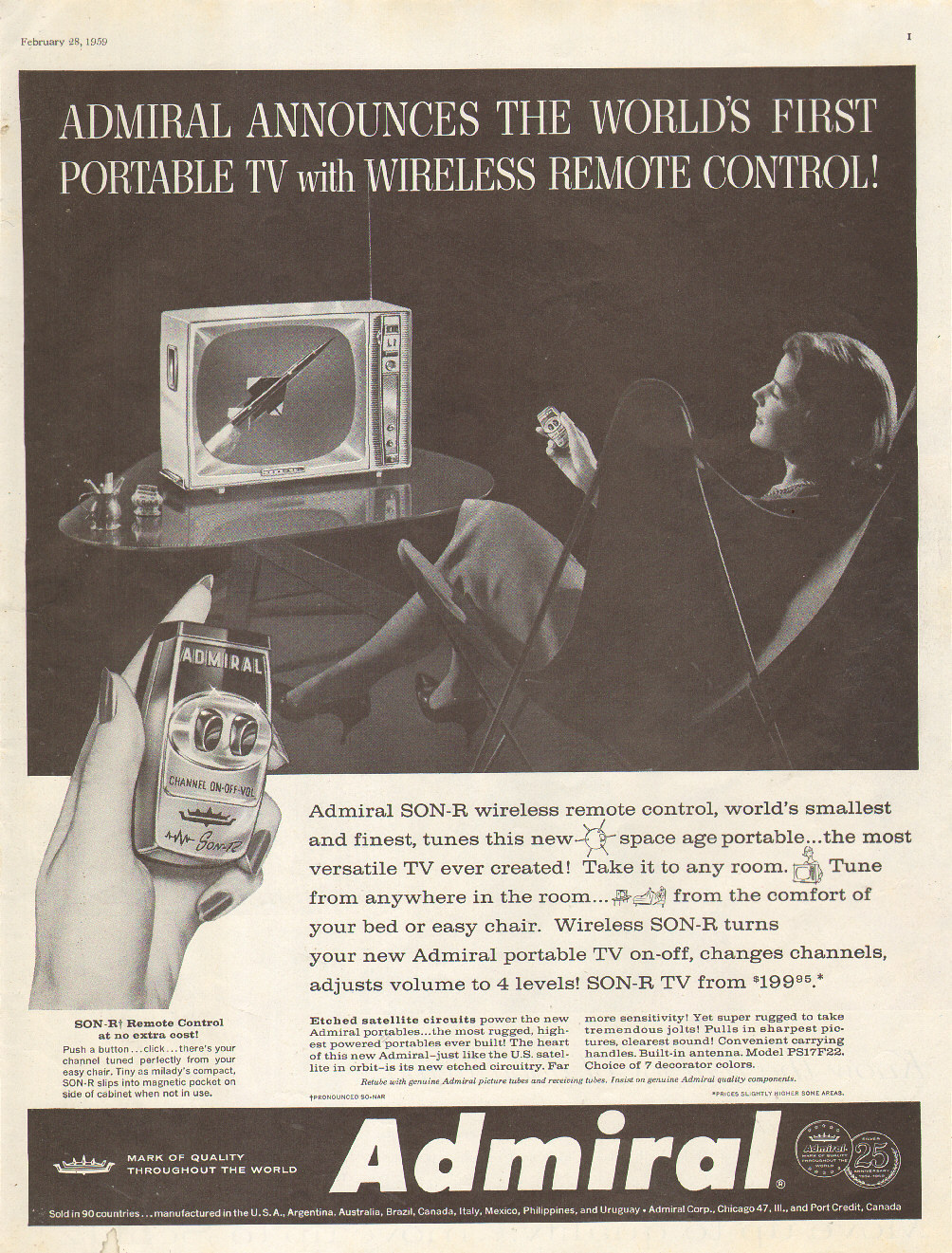 1959 vintage Television AD ADMIRAL Portable TV Wireless Remote Control ...