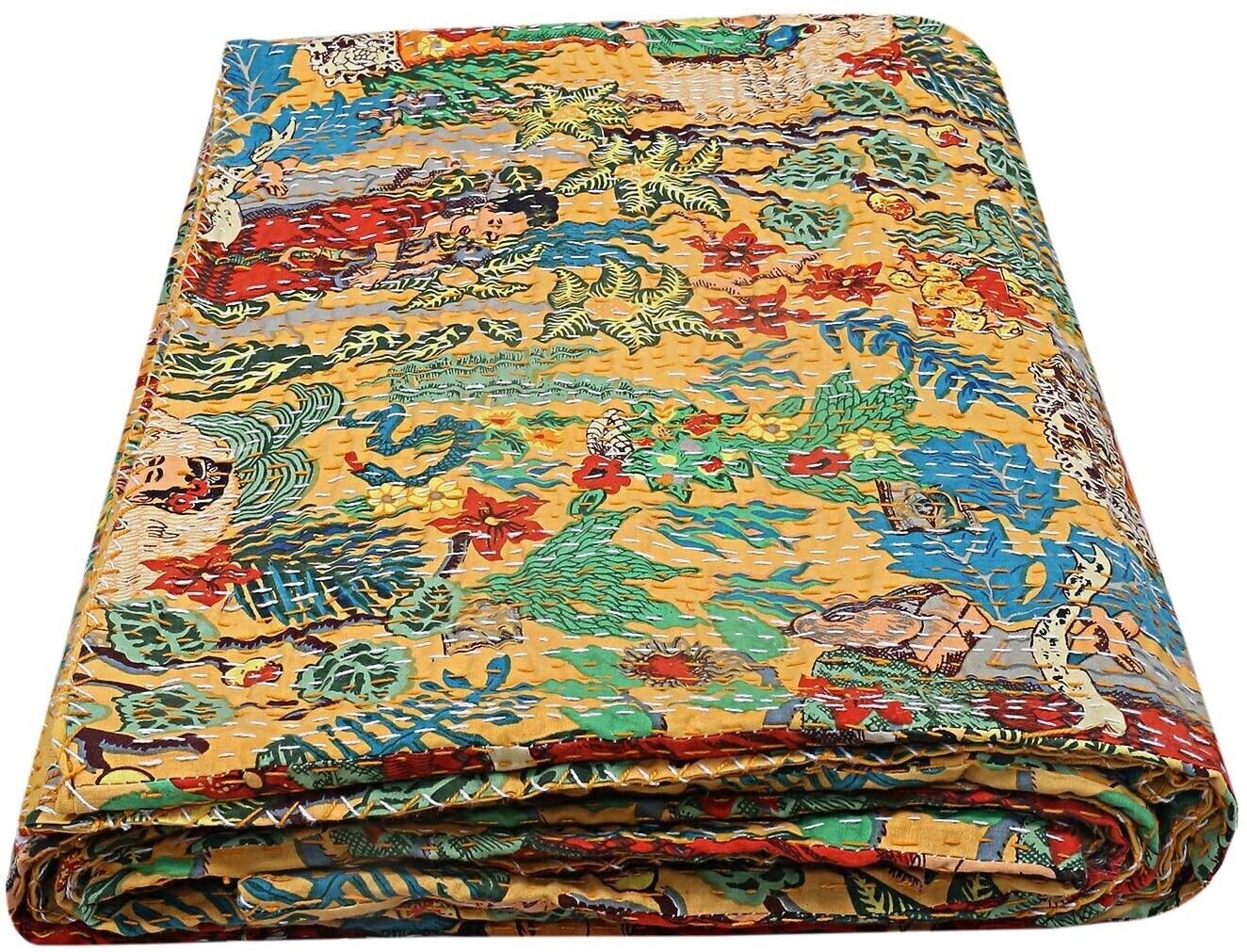 Handmade Cotton Kantha Throw King Size Boho Ralli Blanket Bedspread ...