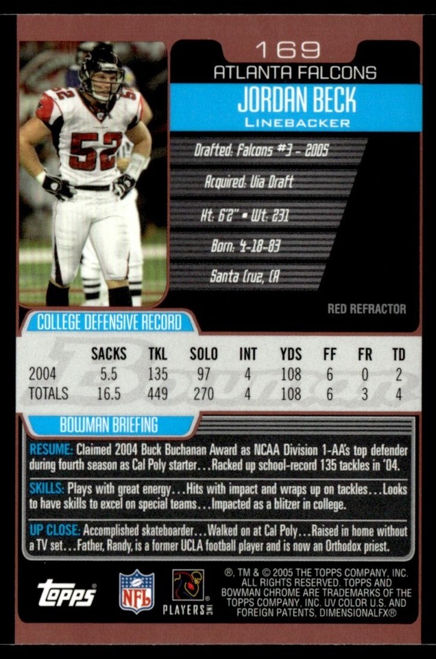 2005 Bowman Chrome Refractor Jordan Beck Rookie Atlanta Falcons #169 | eBay