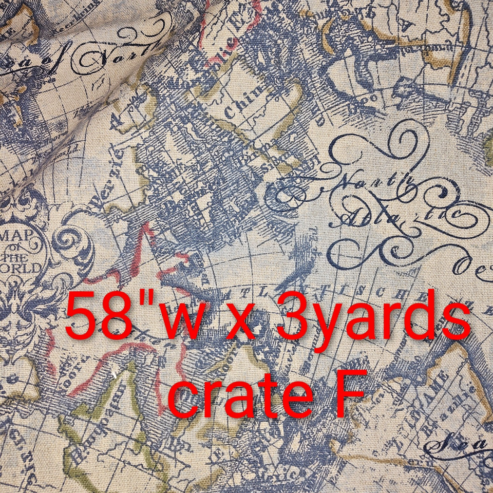 VTG World Map Print Cotton Linen Blend Fabric Blue & Beige - 58" Wide x ...
