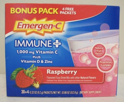 34 Count 30 + 4 BONUS Emergen-C IMMUNE PLUS Raspberry VITAMIN D Zinc C ...