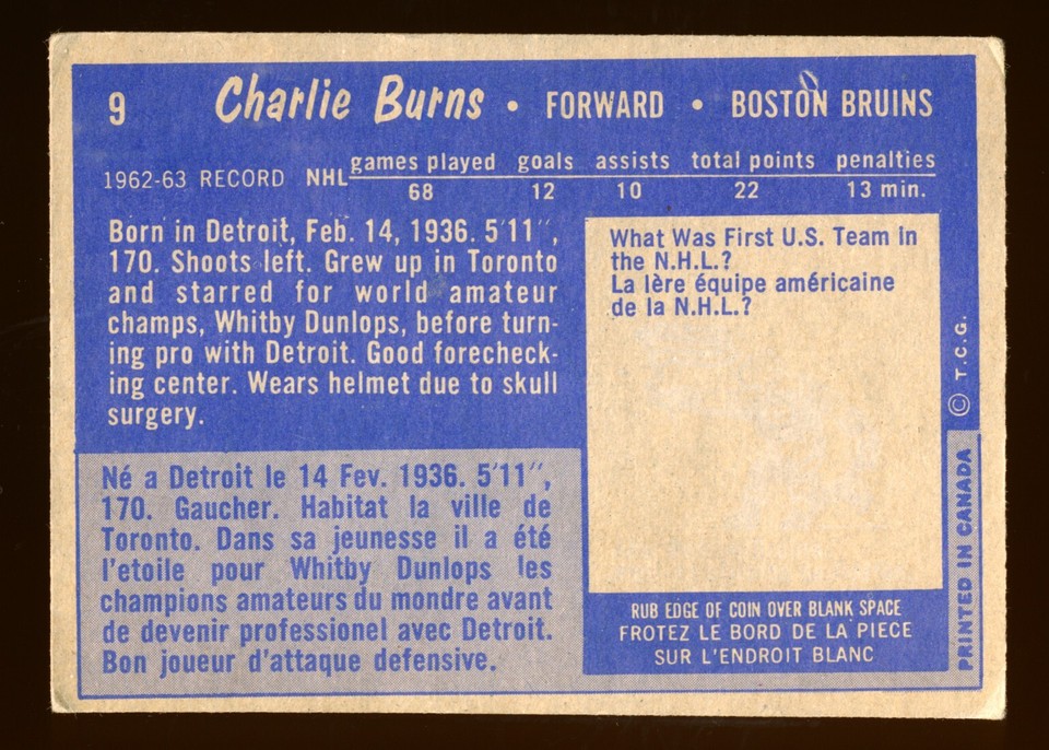 1963-64 Topps #9 Charlie Burns Boston Bruins hockey card AB-2034 | eBay