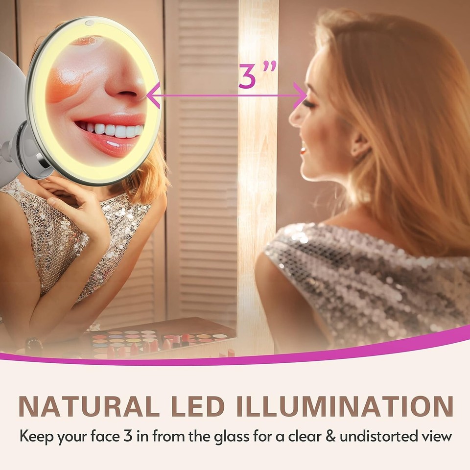 10X LED Lighted Portable Makeup Mirror Magnifying with Locking Suction ...