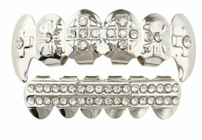Custom Fit Silver Mouth Teeth Grillz Set Cross Lab Diamond Fangs + Mold ...
