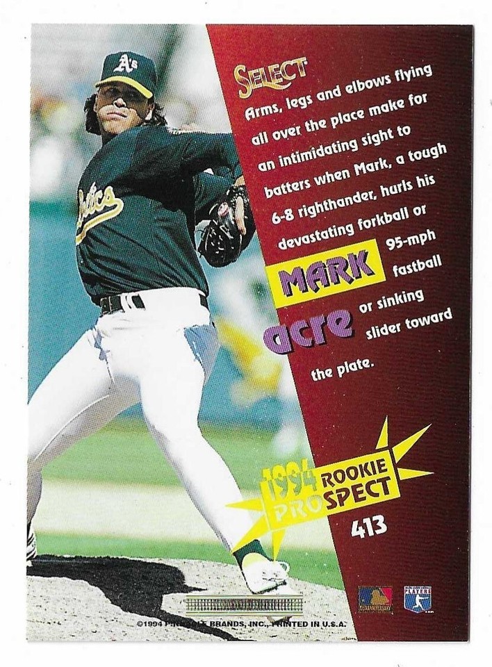 1994 Select Baseball Mark Acre Rookie Prospect Card #413 Oakland ...
