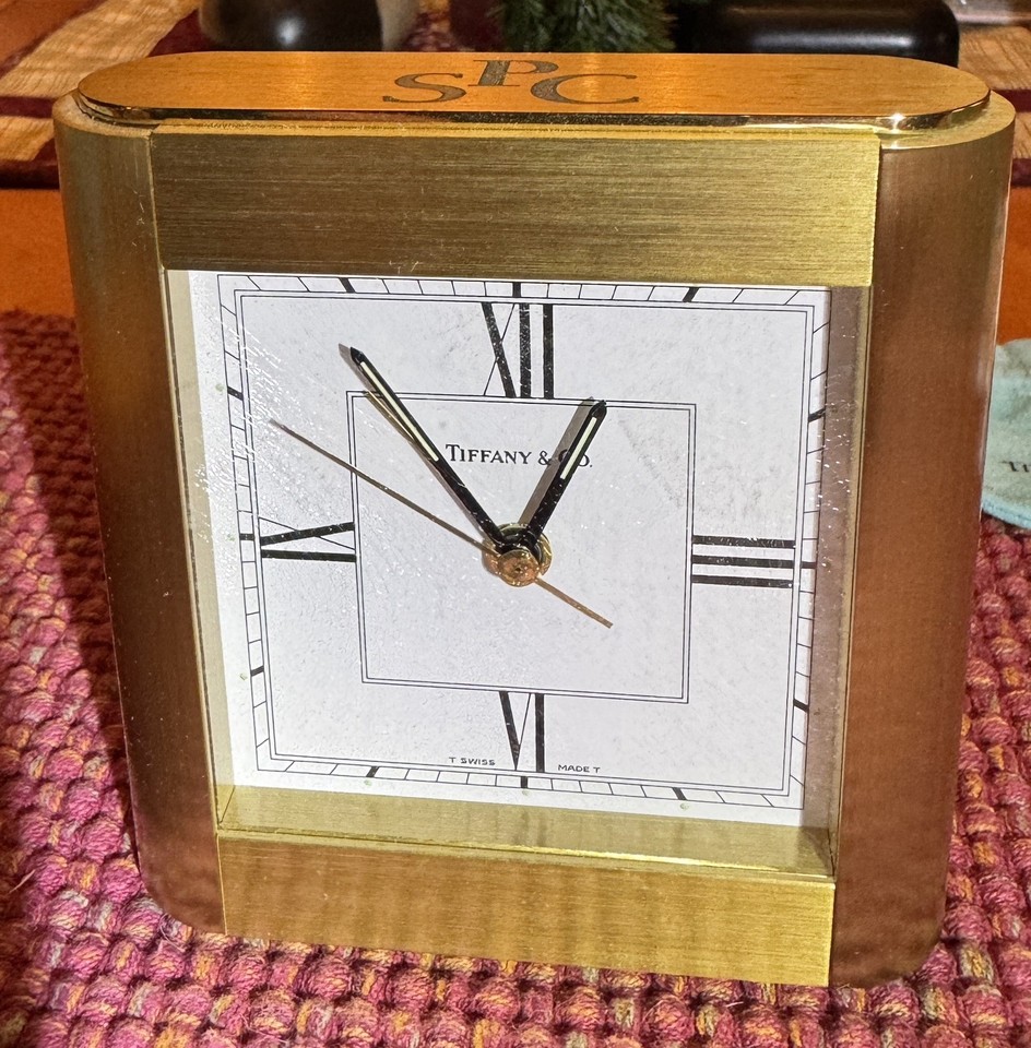 Tiffany & Co Table clock In Brushed Gold Tone With Roman Numeral Dial ...