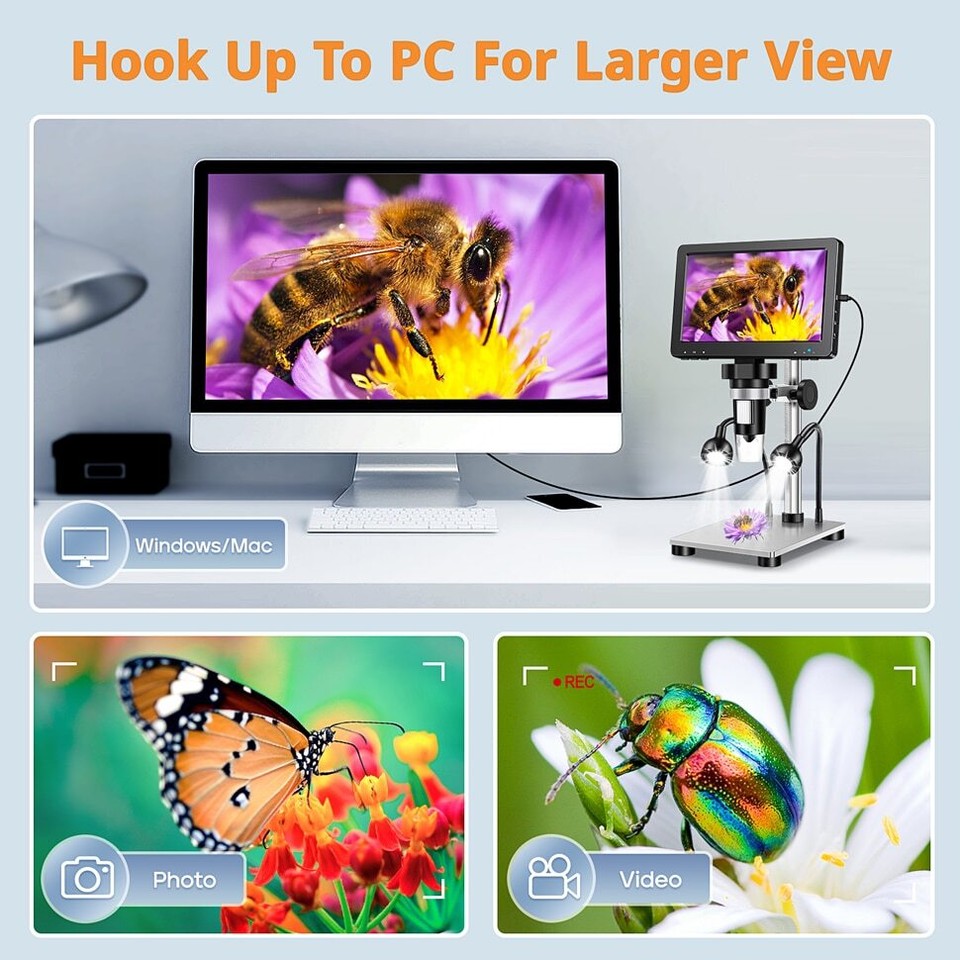 1200X LCD Display 12MP USB Digital Microscope Soldering PCB Inspection ...