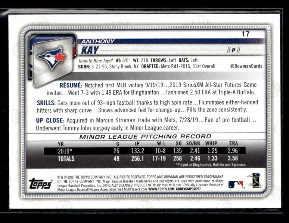 2020 Bowman #17 Anthony Kay Rookie Card Toronto Blue Jays | eBay
