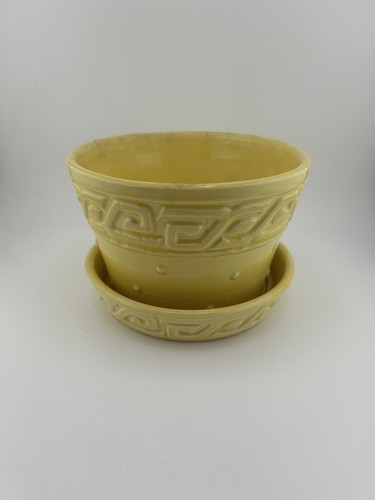 Vintage McCoy Golden Yellow Greek Key Flower Pot Planter w/Attached ...