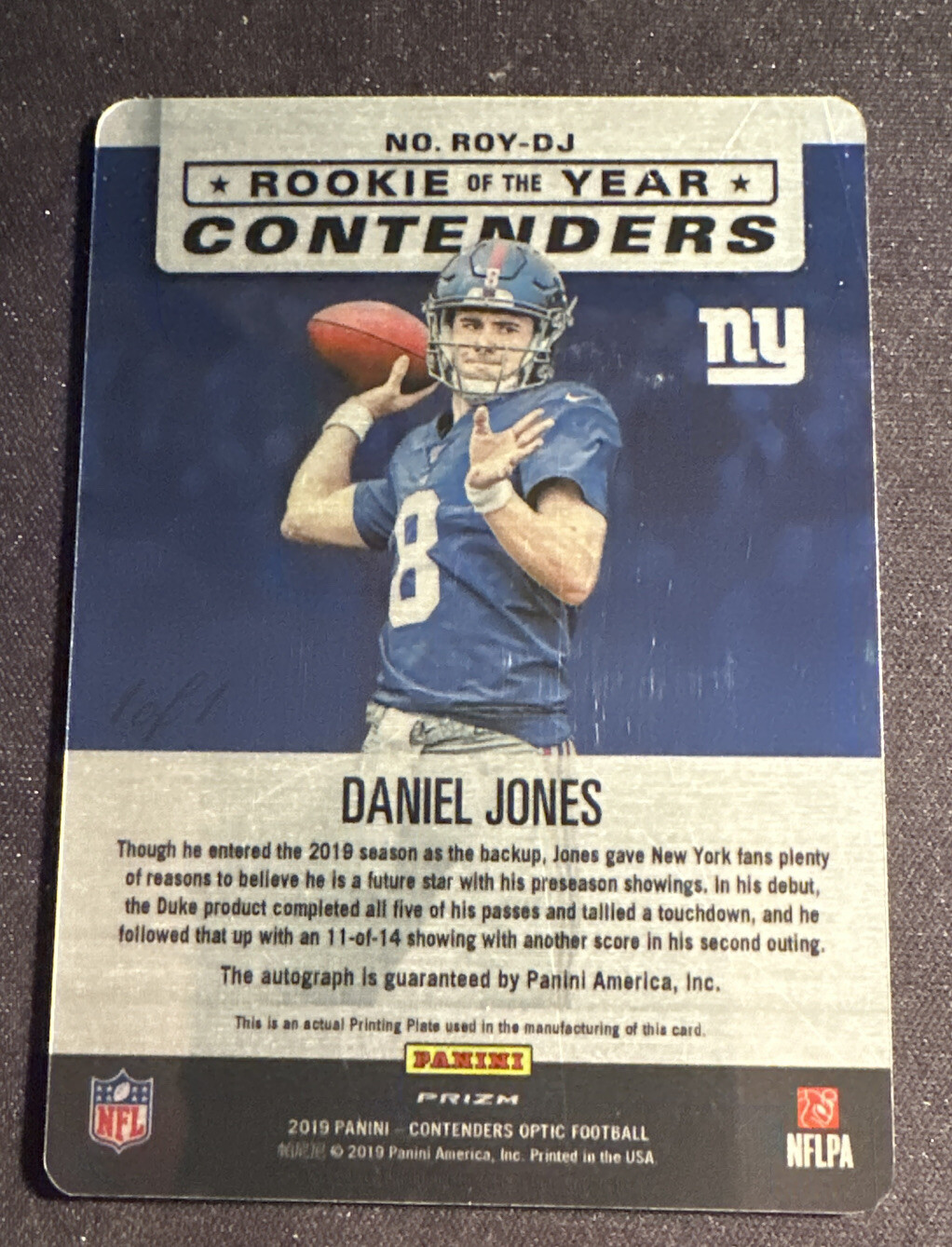 2019 Panini Contenders Optic Daniel Jones Rookie Of The Year RC Plate ...