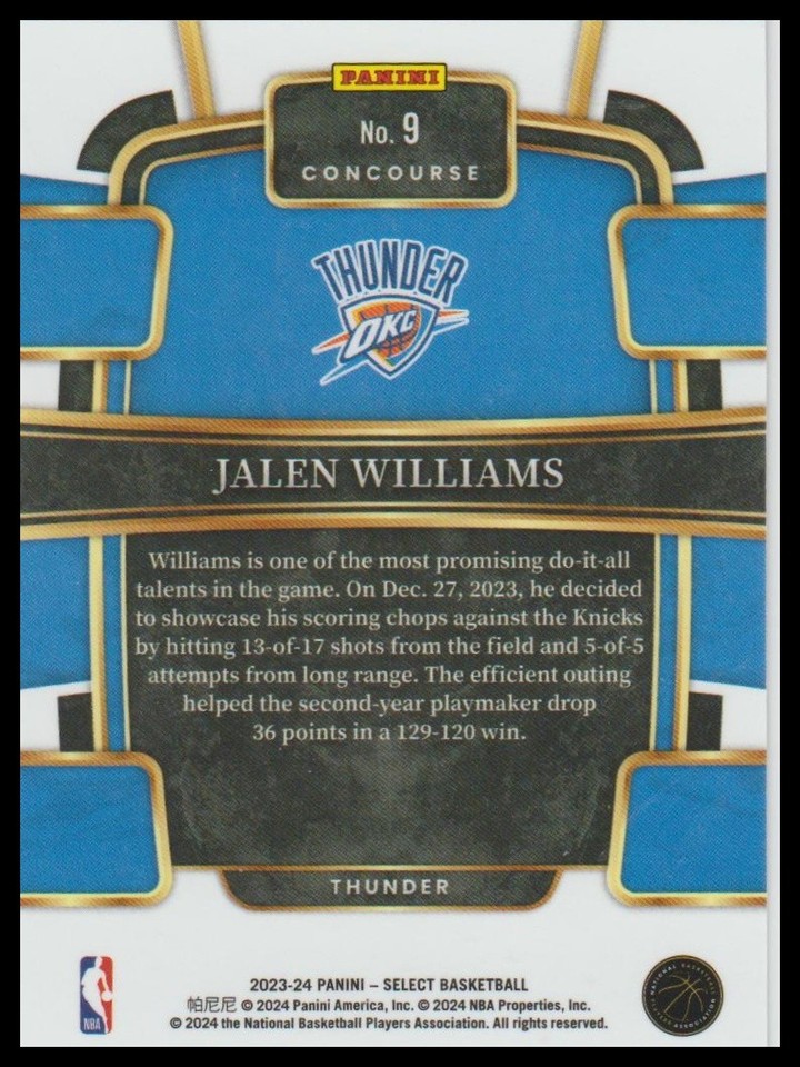 2023-24 Panini Select #9 Jalen Williams Blue (Retail Base) | eBay