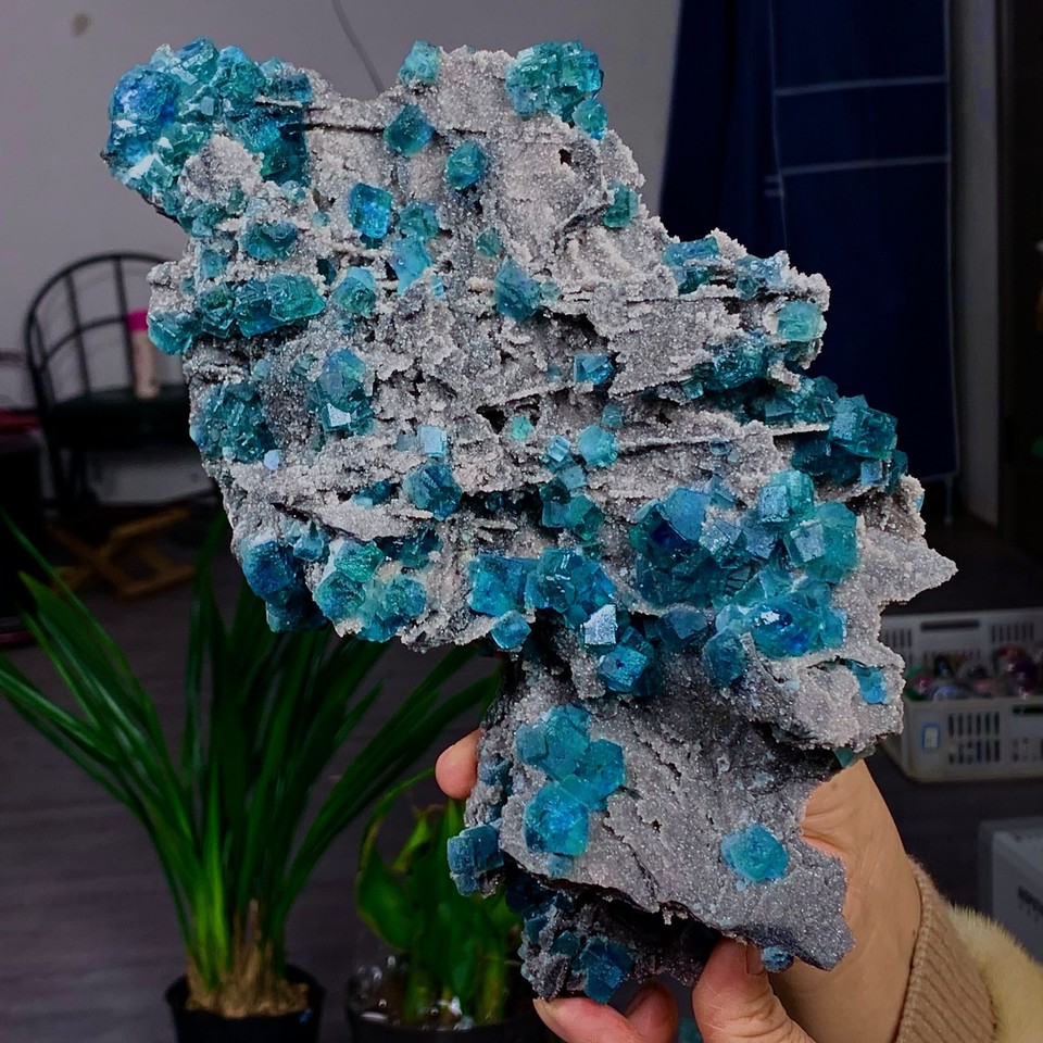 3.8LB Rare Transparent blue-green Cube Fluorite Mineral Crystal ...
