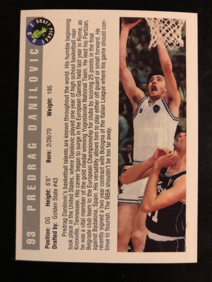 1992 Classic Draft Picks Predrag Danilovic Rookie Basketball Card #93 ...
