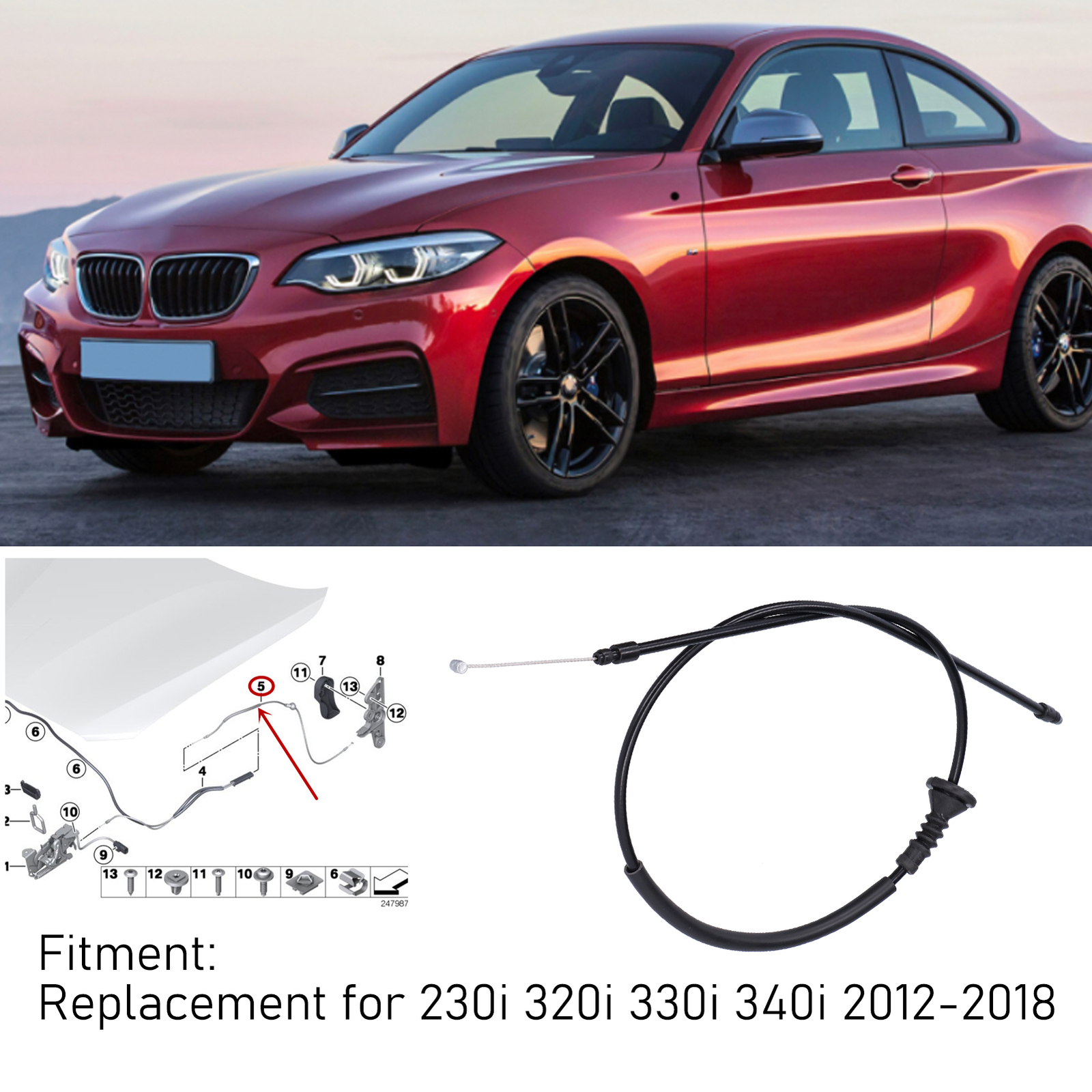 51237239239 Iron Rugged Flexible Bonnet Release Line Hood Release Cable ...