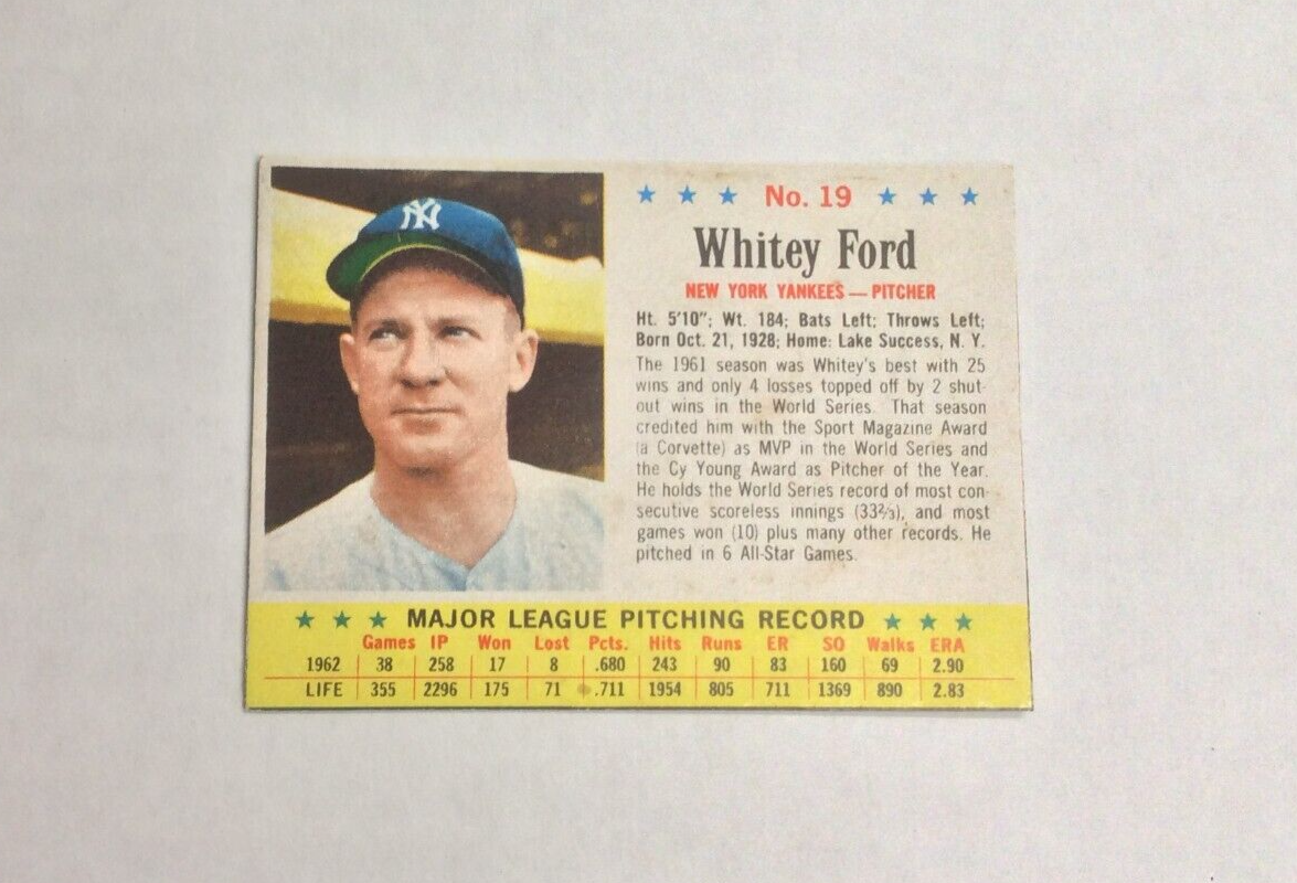 1963 POST CEREAL BASEBALL WHITEY FORD CARD #19 VERY NICE CONDITION | eBay