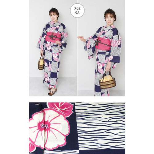 Japanese Summer kimono Yukata+Ribbon pre-tied obi(Ribbon"White")set X02 ...
