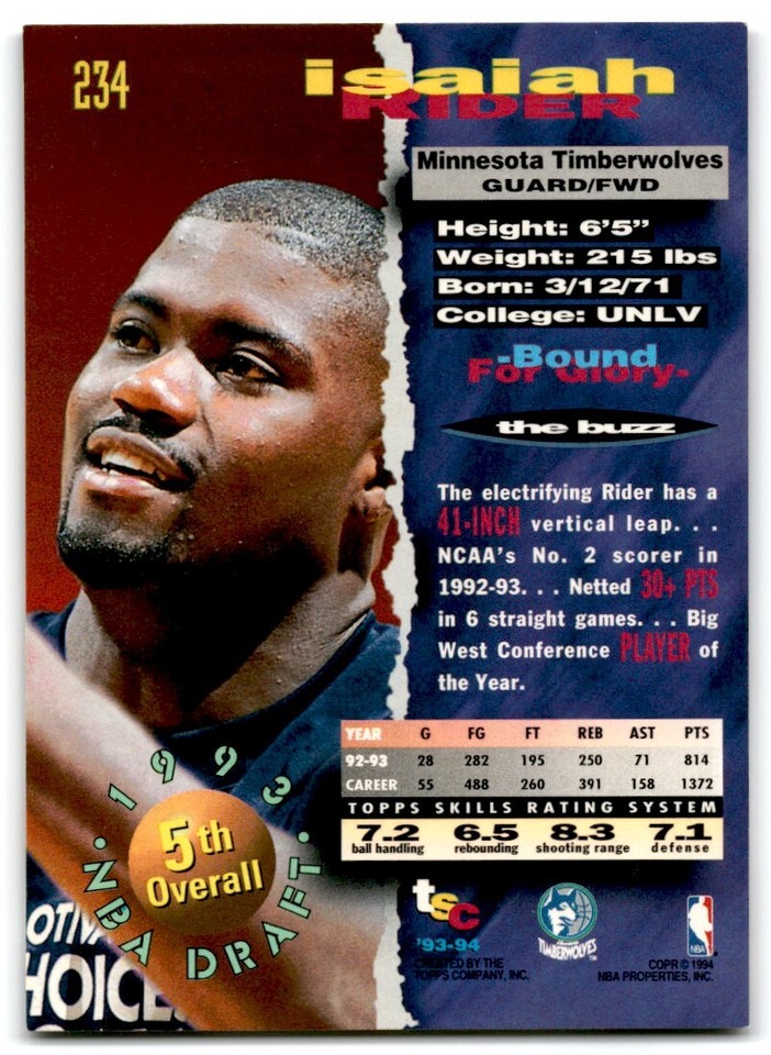 1993-94 Stadium Club Isaiah Rider Minnesota Timberwolves #234 | eBay